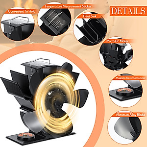 VIHOSE 2 Pcs 5 Blades Wood Stove Fan with 2 Thermometer Heat Powered Stove Fan Fireplace Fan for Wood Burning, Pellet, Burner, Log Stoves