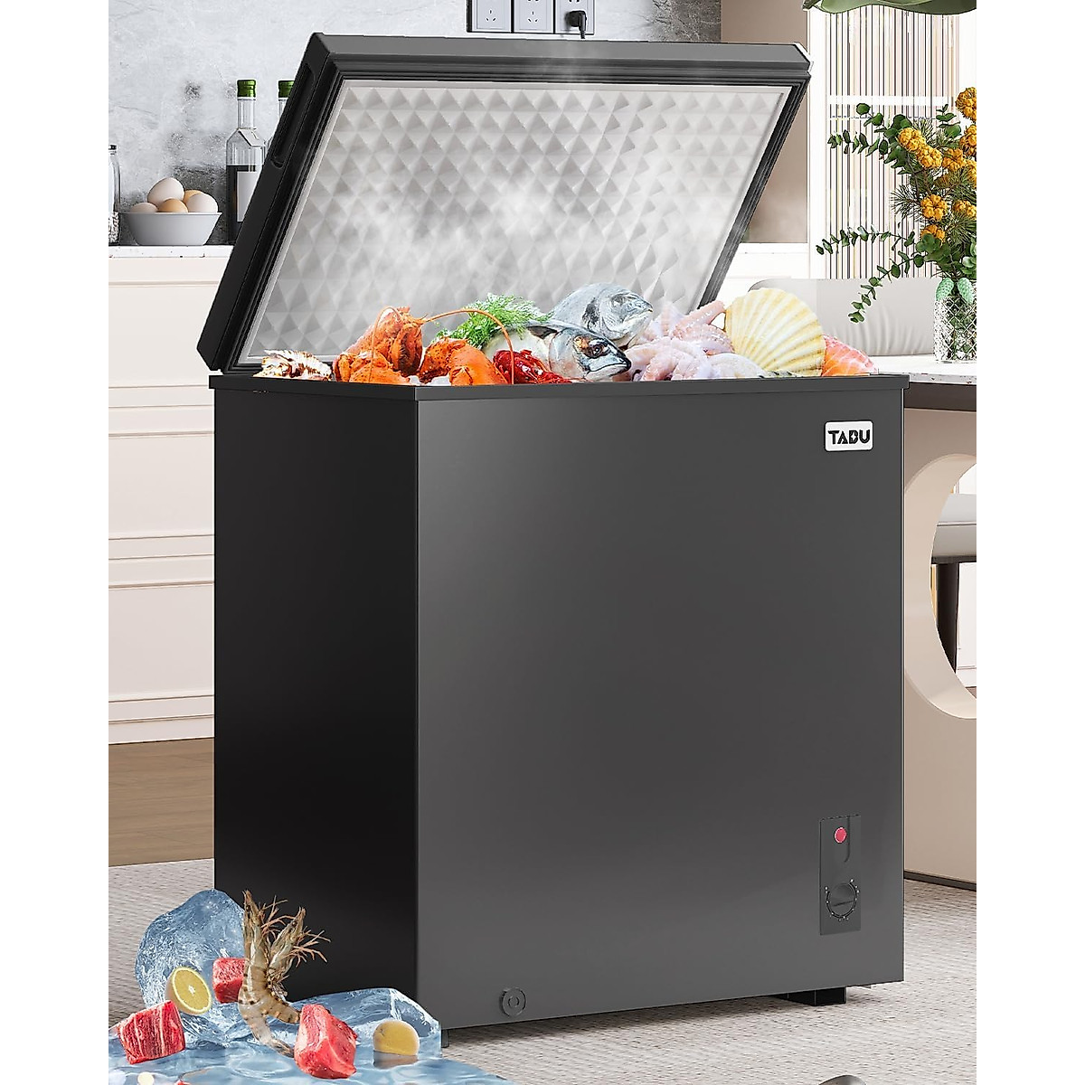 TABU 3.5 Cubic Feet Chest Freezer, Compact Top Opening Deep Freezer with 7 Level Adjustable Thermostat & Removable Basket, Low Noise, Freestanding (Black, 3.5 Cu.Ft.)