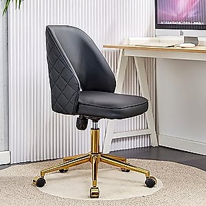 voqoomkl PU Home Office Chair, 360° Swivel Desk Chair with 5 Wheels and Gold Metal Base, Adjustable Height Armless Computer Chair for Living Room Bedroom Study, Black