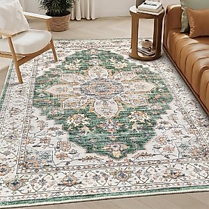 Boho Green 5x7 Area Rugs, Ultra-Thin Washable Living Room Rug Soft Non-Slip Bedroom Rug Vintage Oriental Low-Pile Throw Indoor Carpet for Dining Room Playroom Office Home Décor