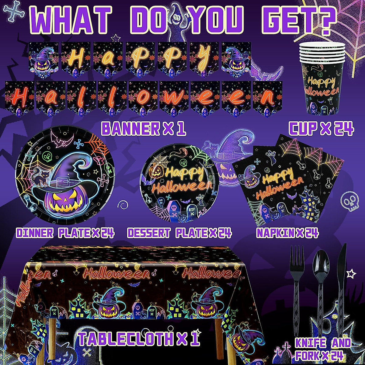 170PC Halloween Party Plates Supplies Kit Glow in The Dark Party Decorations Tableware Set with Disposable Plates,Napkins,Cups,Birthday flag and Touchdown Tablecloth for Holiday Party,Serves 24 Multi