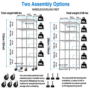 6 Tier NSF Metal Corner Shelf Wire Shelving Unit, 2100lbs Capacity Heavy Duty Adjustable Pentagonal Storage Rack with Wheels & Shelf Liners for Kitchen Garage Room Corner, 82"H x 27"L x 27"D - Chrome