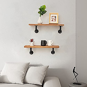 Coral Flower Reclaimed Wood Shelves with Black Industrial Pipe Brackets,Set of 2, Weathered Grey