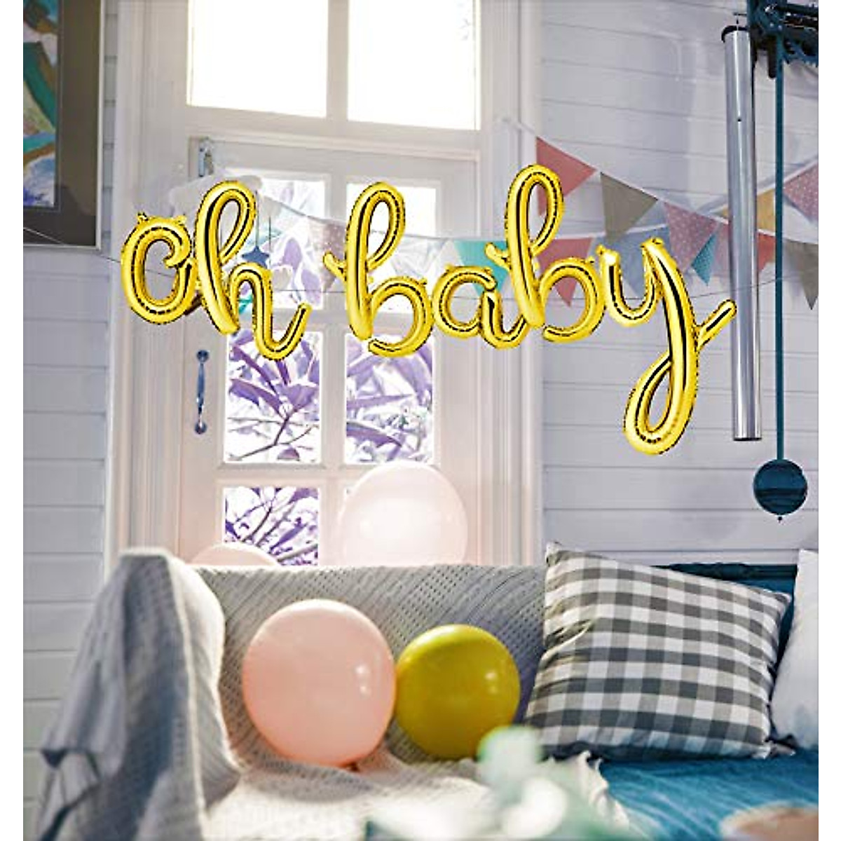 Envizins 16" Gold OH Baby Script Foil Balloons, for Baby Shower Decorations, Girl Gender Reveal, Straw and 32' Roll Ribbon Included