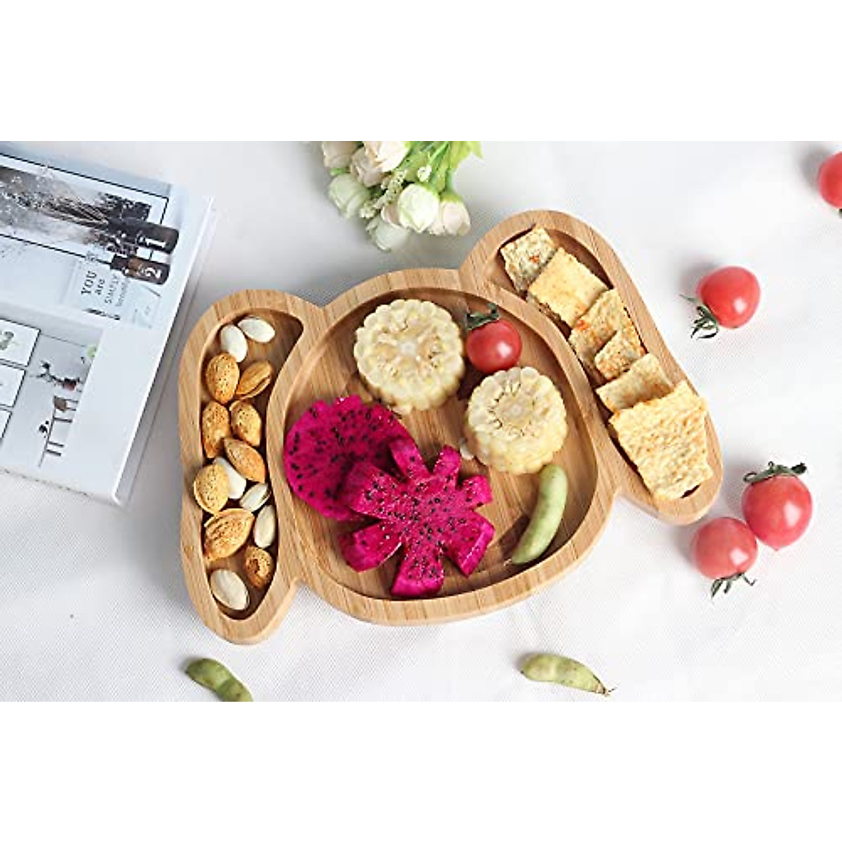 Baby Bamboo Plates with Suction Toddler Cute Dog Plates Natrual Bamboo Feeding Dishes for Kids Children (Pink)