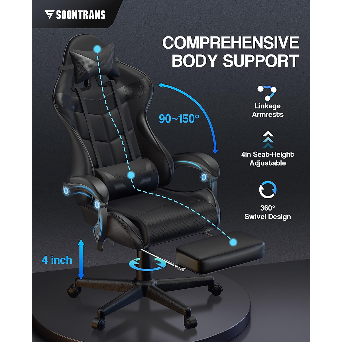 Soontrans Black Gaming Chairs with Footrest, Ergonomic Gamer Chair, Home Office Chair,PC Computer Chair with Headrest and Lumbar Support(Dark Black)