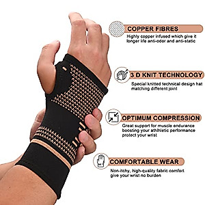 Copper Wrist Compression Sleeves, Comfortable and Breathable for Arthritis, Tendonitis, Sprains, Workout, Carpal Tunnel, Wrist Support for Women and Men (Pair)