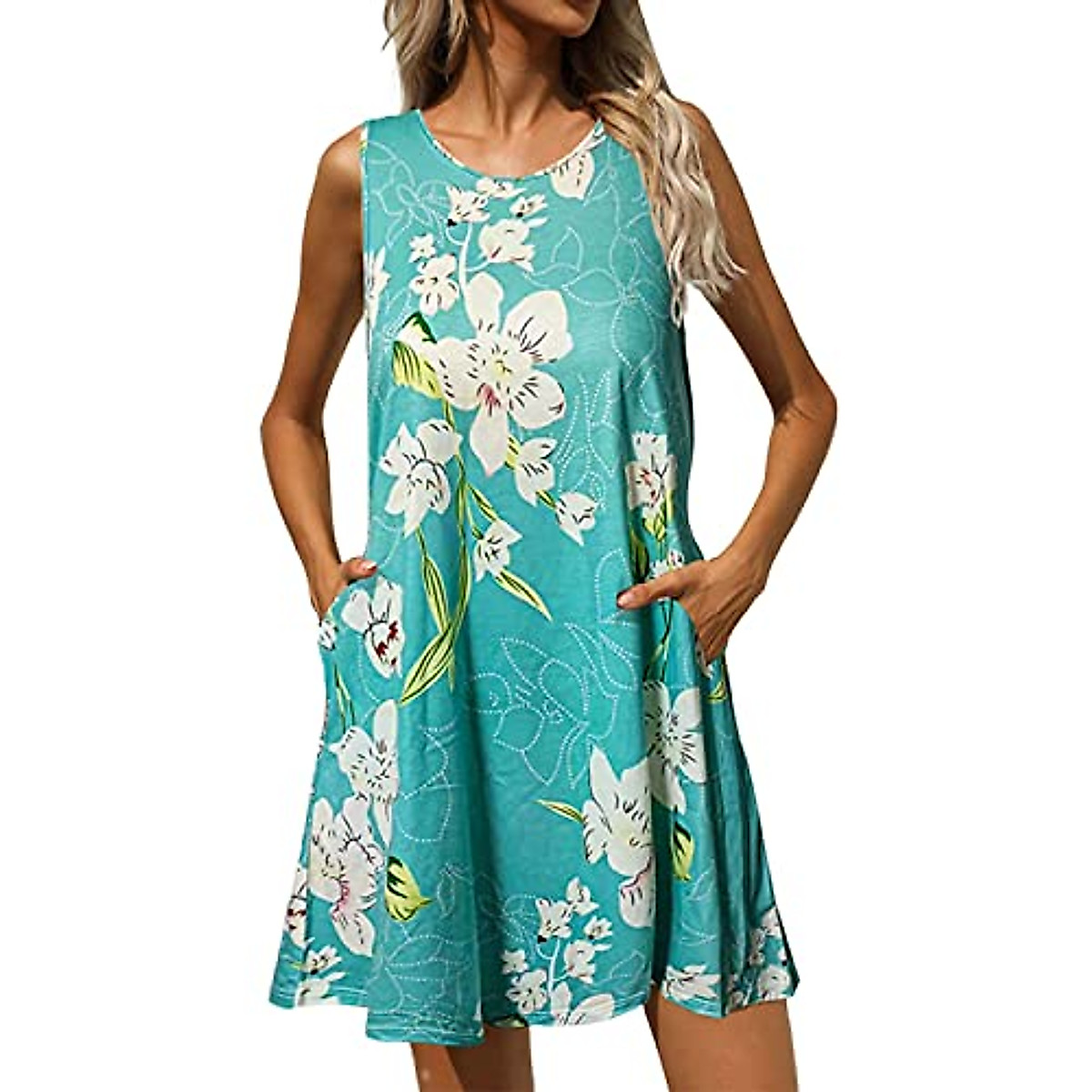 Cnebo Midi Dresses for Women Wedding Guest 2023 Women's Summer Loose Tassel Sleeveless Printed Dress Sky Blue