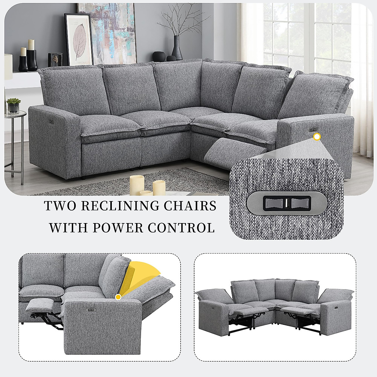 L-Shaped Sectional Sofa 5-Seat Convertible Sofa with Power Recliner Chair and USB Port Linen Fabric Upholstered Couch Modern Large Cloud Couch for Living Room (Grey)