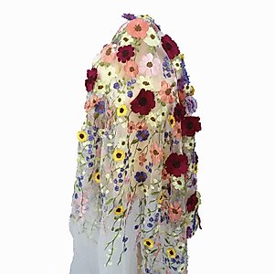 SUNMOVE 1 Yard Multicolor 3D Flowers Heavy Embroidery Lace Floral Fabric for Sewing Dresses Jacket Jeans (White mesh, 1 Yard)