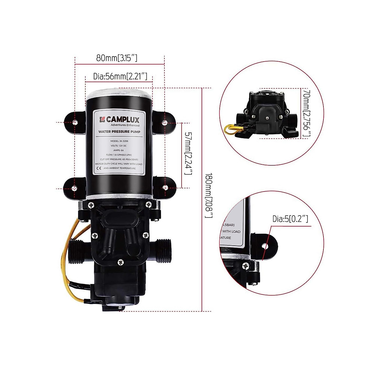 CAMPLUX 12V Water Pump Kit, 1.6 GPM 65 PSI High Pressure for Caravan RV Boat Gas Hot Water System