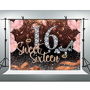 Happy Sweet 16th Birthday Backdrop Balloons High Heel Diamond Banner Backdrop Decorations for Girls Rose Gold Bokeh Sweet 16 Party Supplies Sweet Sixteen Birthday Background Photo Booth Props