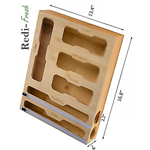 Wall Mount Ziplock Bag + Foil & Plastic Wrap Organizer - Premium Bamboo Organizer for Ziplock Bags, Foil & Plastic Wrap Dispenser | Kitchen Organization & Storage | 12" X 2.125" Standard Rolls only