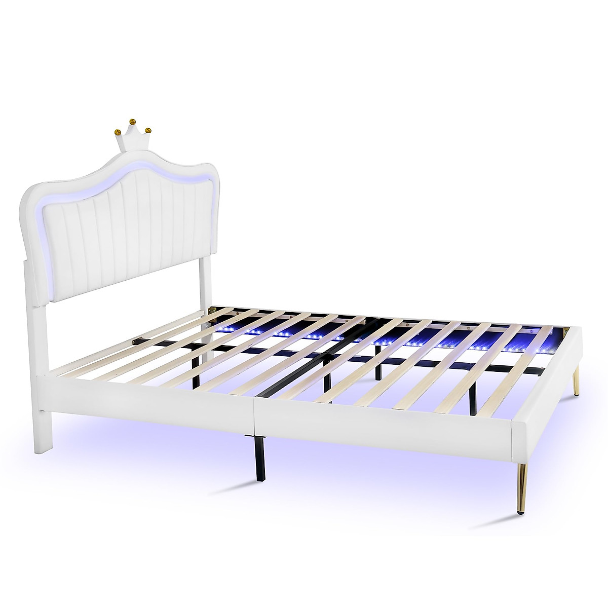 CITYLIGHT Queen Size Upholstered Princess Bed with Crown Headboard, Wood Cute Kids Bed Frame Queen with LED Lights and Metal Legs for Girls, No Box Spring Required (Queen,White)