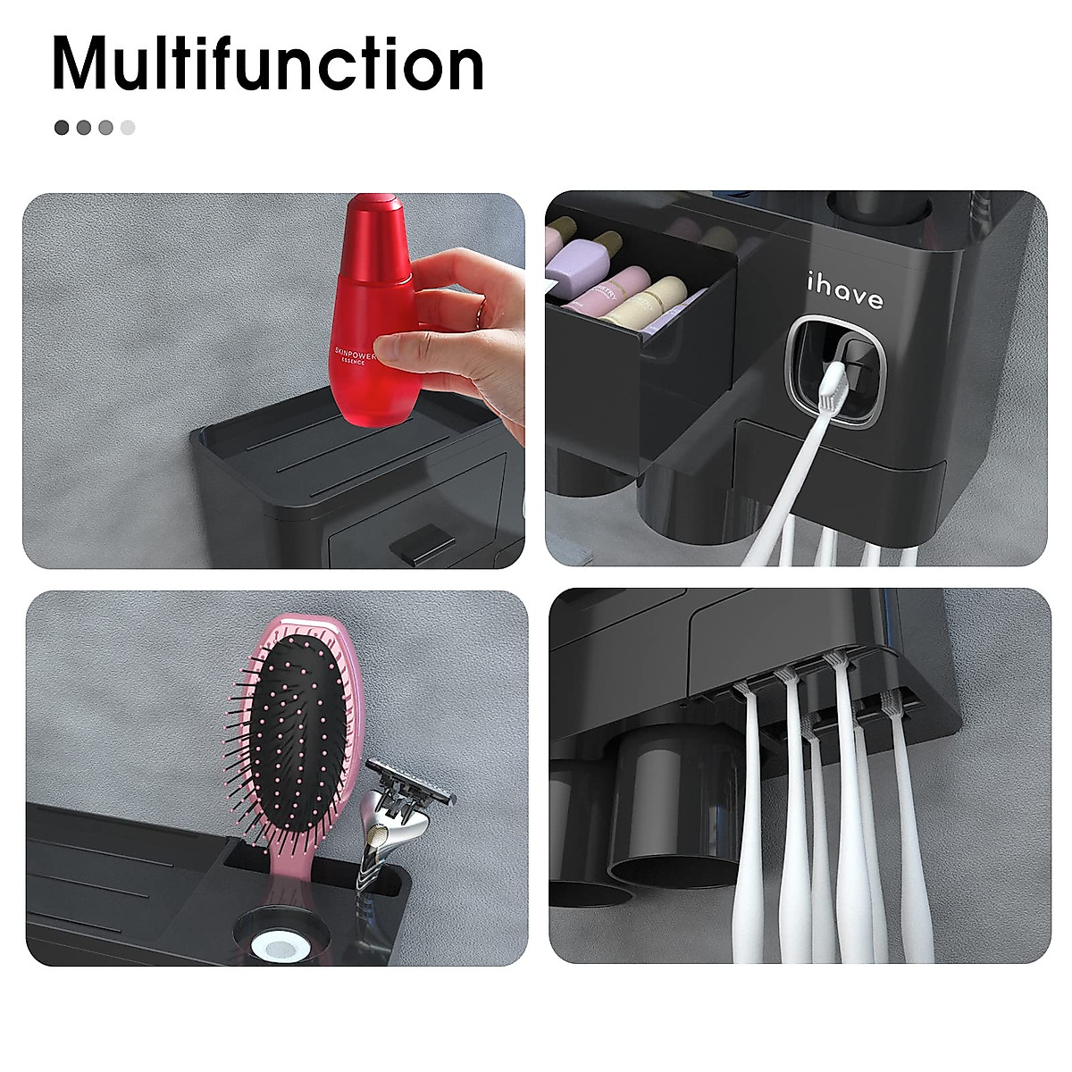 iHave Toothbrush Holder for Bathroom Storage, 2 Cups Toothbrush Holder Wall Mounted with Toothpaste Dispenser Bathroom Set, Large Capacity Tooth Brushing Holder Bathroom Organization and Storage