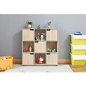 Basicwise 9 Cube Wooden Organizer With 5 Enclosed Doors and 4 Shelves, Oak