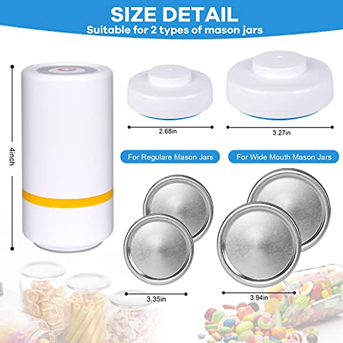 Electric Mason Jar Vacuum Sealer, Nogegra Jar Vacuum Sealer Kit for Regular and Wide Mouth Mason Food Jars, Canning Sealer with Electric Portable Vacuum Pump and Vacuum Seal Bags for Food Storage and Fermentation