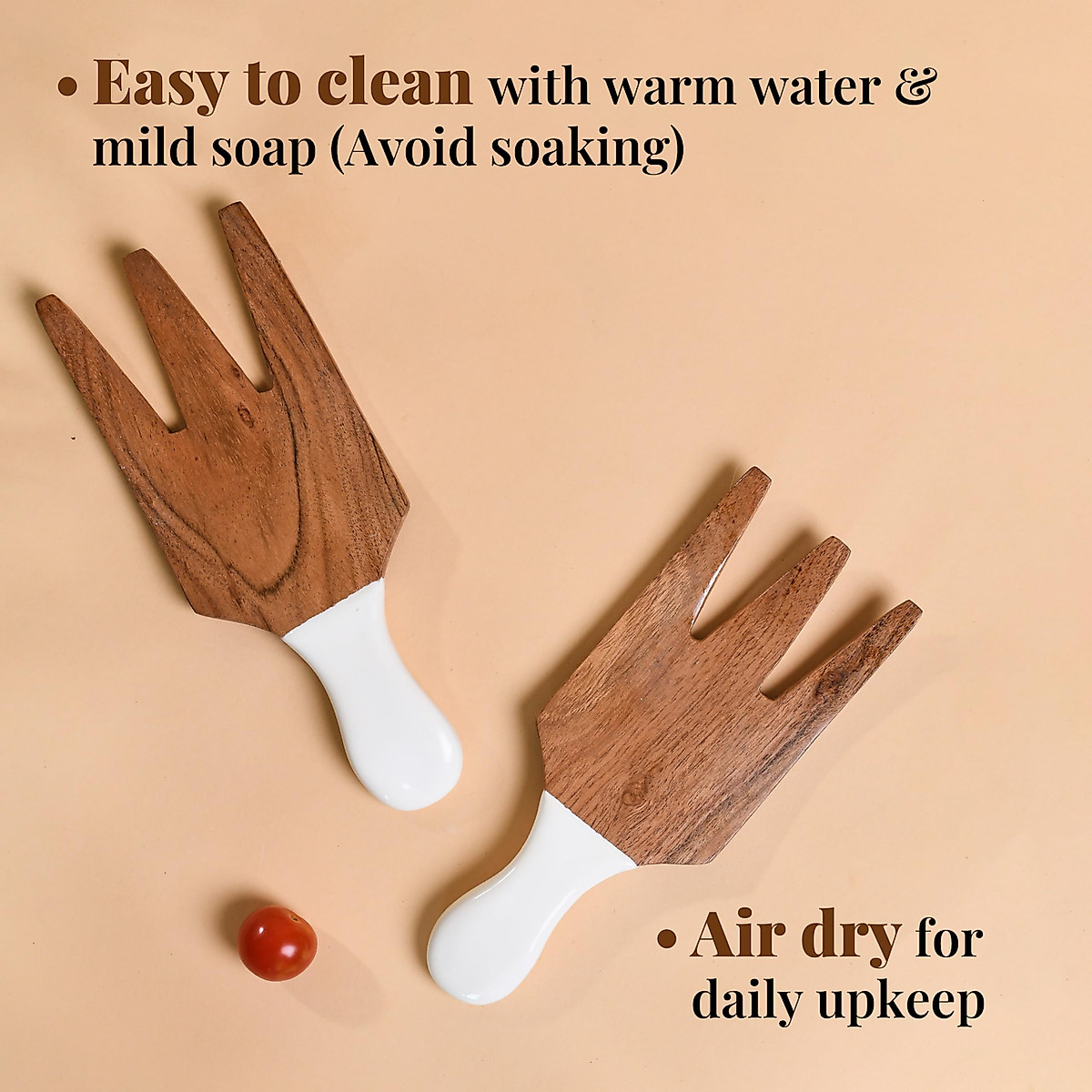 Folkulture Salad Hands or Set of 2 Acacia Wood Salad Servers, Salad Tongs Set, Salad Claws, Salad Fingers for Serving Salad Mixes, Pasta, Fruit 3.25 X 8.25 Inch (White)