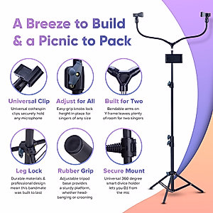 MASINGO Double Microphone Stand – Adjustable from 2.4ft to 6ft Inches High – with Two Bendable Arms and Smart Device Holder – Stand Up Tripod Base (Black) 2022 Model