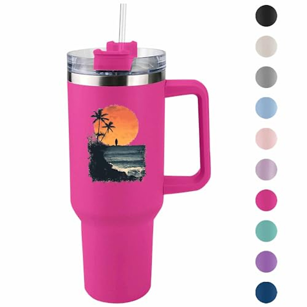 LB LEOBON 40 ounce insulated cup with handle, double-layer vacuum stainless steel material, equipped with straw, can keep warm or maintain cold drinks Neone Poppe Sunset 2 Bright pink