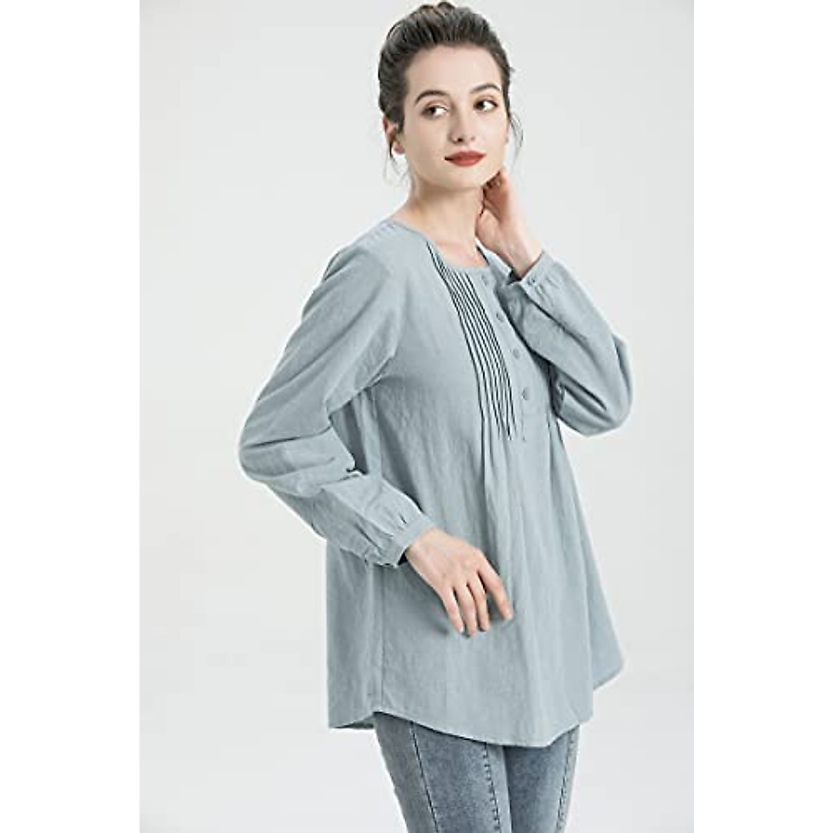 Minibee Women's Scoop Neck Pleated Blouse Solid Color Lovely Button Tunic Shirt White M