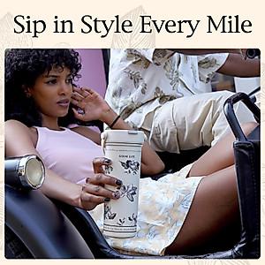 GOOM Graffiti 20oz Tumbler with Lid and Straw,Spill Proof Tumbler with Flip Straw and Top Handle,Tea Infuser,6-Layer Insulation 18/10 Stainless Steel,Cold for 24 Hours,Hot for 12 Hours - Floral White