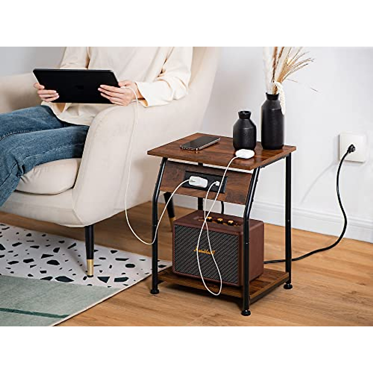Labcosi 18.9” Tall Side Tables, Rustic End Tables for Living Room and Bedroom, Nightstand with Charging Station, Small Furniture with USB Ports and Outlets, Rustic Oak Color