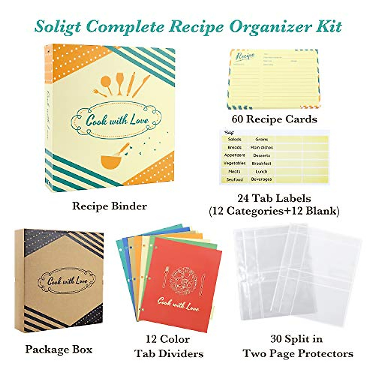 Recipe Binder Kit with Cards - 3 Ring Full Page Recipe Book Binder 8.5"x11", 60 4X6 Recipe Cards, Card Protectors, Dividers and Labels for Family Recipe Organizer, Cook with Love Design
