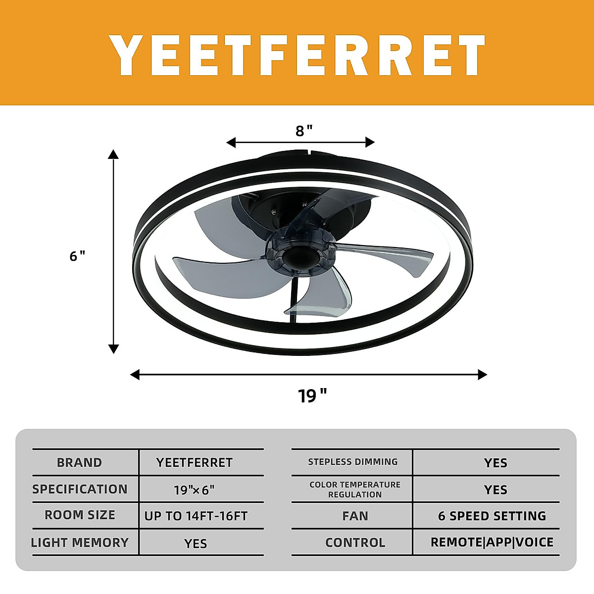 YeetFerret Smart Ceiling Fans with Light Compatible with Alexa and Google Assistant,Bladeless Ceiling Fan with Light Flush Mount 3 Color LED 6 Speeds Low Profile Ceiling Fan