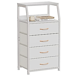 Furnulem Tall 4 Drawers Dresser, Vertical Storage Tower White Dresser for Bedroom, Hallway, Entryway, Nursery, Closet Organizer, Nightstand Bedside Table Furniture, Sturdy Steel Frame, Wood Top