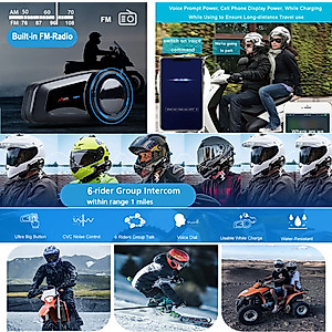 QSPORTPEAK Motorcycle Helmet Bluetooth Intercom Headset Communication Systems Kit, M2 Full Duplex 6 Riders Group Helmet Intercom/FM Radio/Voice Prompt/MP3/GPS Connective/Range 1000m/IP67 Waterproof