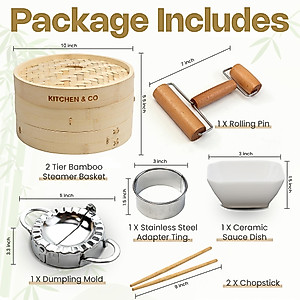 KITCHEN & CO 10-inch Dumpling Bamboo Steamer- Complete Set of 2 Tier Bamboo Steamer Basket 2 Chopsticks, 1 Rolling Pin, Ceramic Dish & More-Bringing Tradition to Your Table, One Steamed Dish at a Time