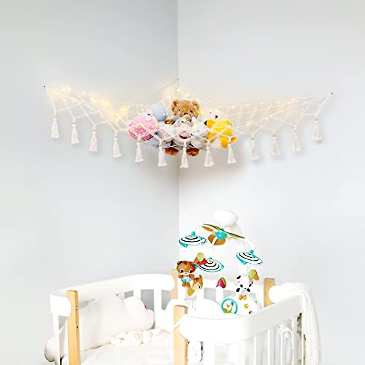 Dahey Stuffed Animal Storage Net Hammock with String Light Wall Corner Hanging Toys Storage Organizer Plush Net Toy Holder Hammock Macrame Tassels Boho Decor for Nursery Kid Playroom Bedroom