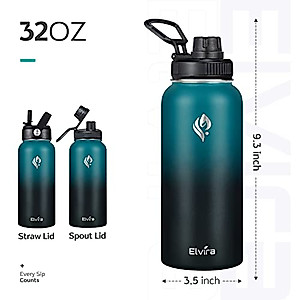 Elvira 32oz Vacuum Insulated Stainless Steel Water Bottle with Straw & Spout Lids, Double Wall Sweat-proof BPA Free to Keep Beverages Cold For 24Hrs or Hot For 12Hrs-Green/Black