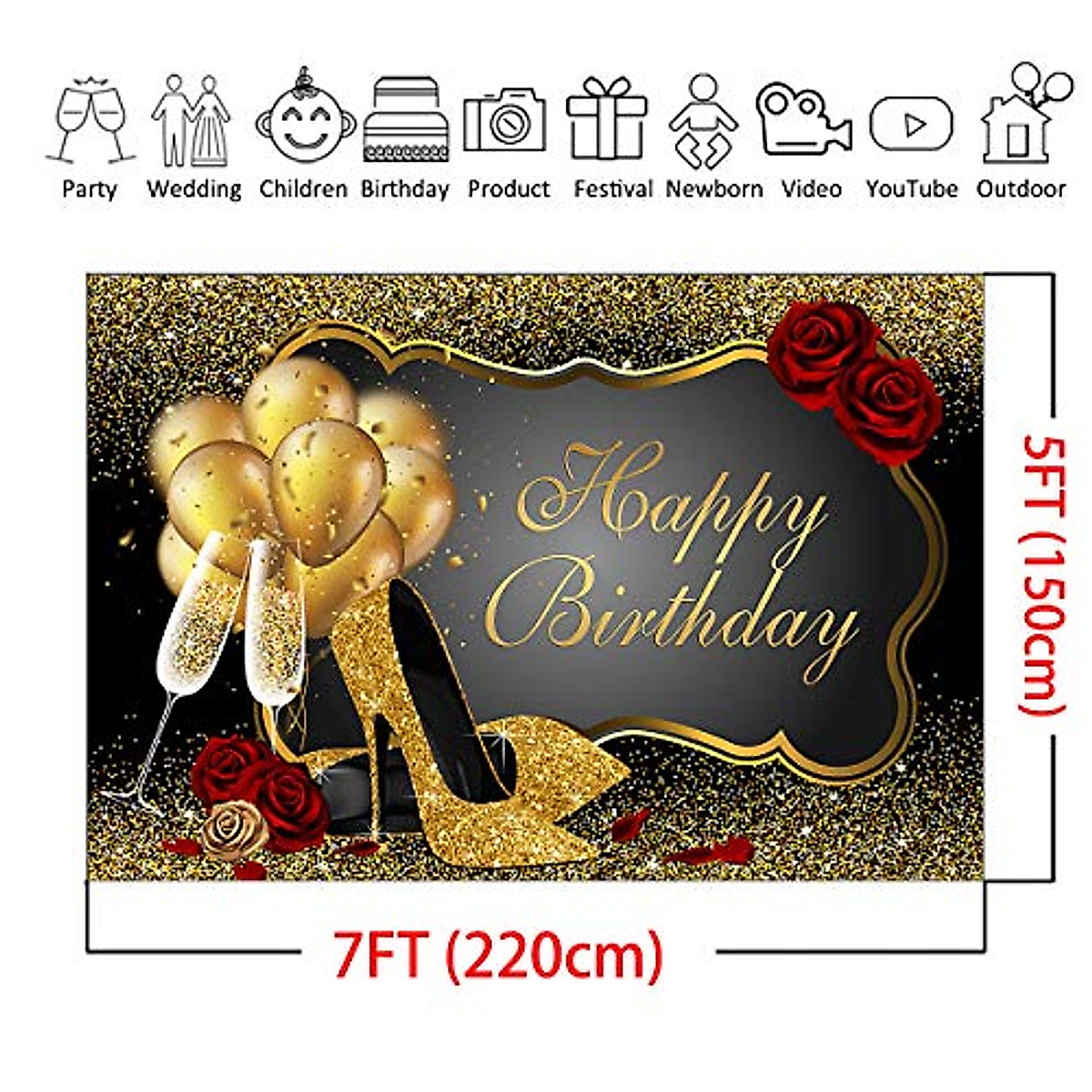 Mocsicka Black Gold Birthday Backdrop for Women 7x5ft High Heels Champagne Happy Birthday Banner Photo Studio Prop 20th 30th 40th 50th 60th Birthday Photo Backdrops
