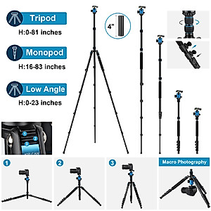 Tripod for Camera, 81" Camera Tripod Stand, 83 inches DSLR Tripods & Monopods, Heavy Duty Travel Tripod for Binoculars Laser Level Spotting Scope Telescope, Professional Complete Tripod Units