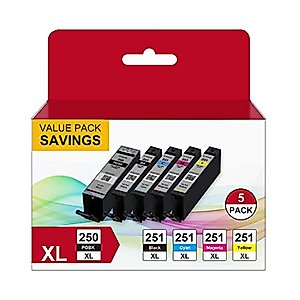 PGI-250XL CLI-251XL 5 Color Pack Compatible Replacement for Canon 250 251 Ink Cartridge to use with PIXMA MX922 MX920 IX6820 IP8720 MG5420 MG5520 MG6620 Printer (PGBK, Black, Cyan, Magenta, Yellow)