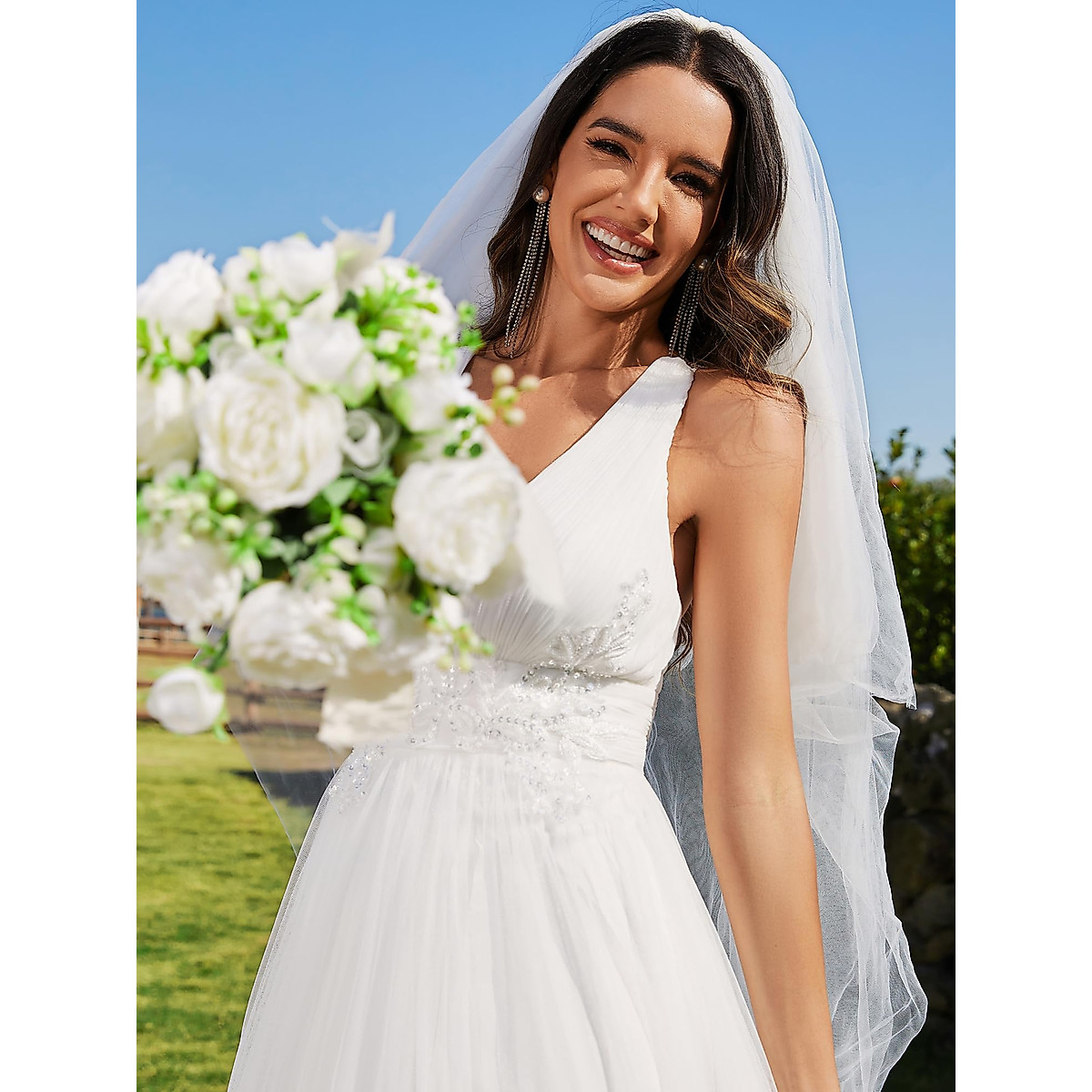 Ever-Pretty Women's Appliques Tulle A-Line V Neck Open Back Wedding Guest Dress White US16