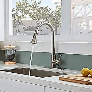 KINGO HOME Modern Commercial High Arc Stainless Steel Single Lever Handle Pull Down Sprayer Brushed Nickel Kitchen Faucet, Kitchen Sink Faucet with Deck Plate