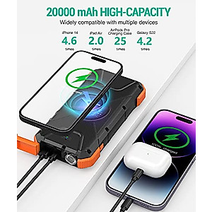 BLAVOR Solar Power Bank, PD18W QC3.0 Fast Charging 10W Wireless Charger 20000mAh Solar Powered Powerbank with Type C Input/Output, IPX5 Waterproof, Camping Flashlight, Compass, Carabiner