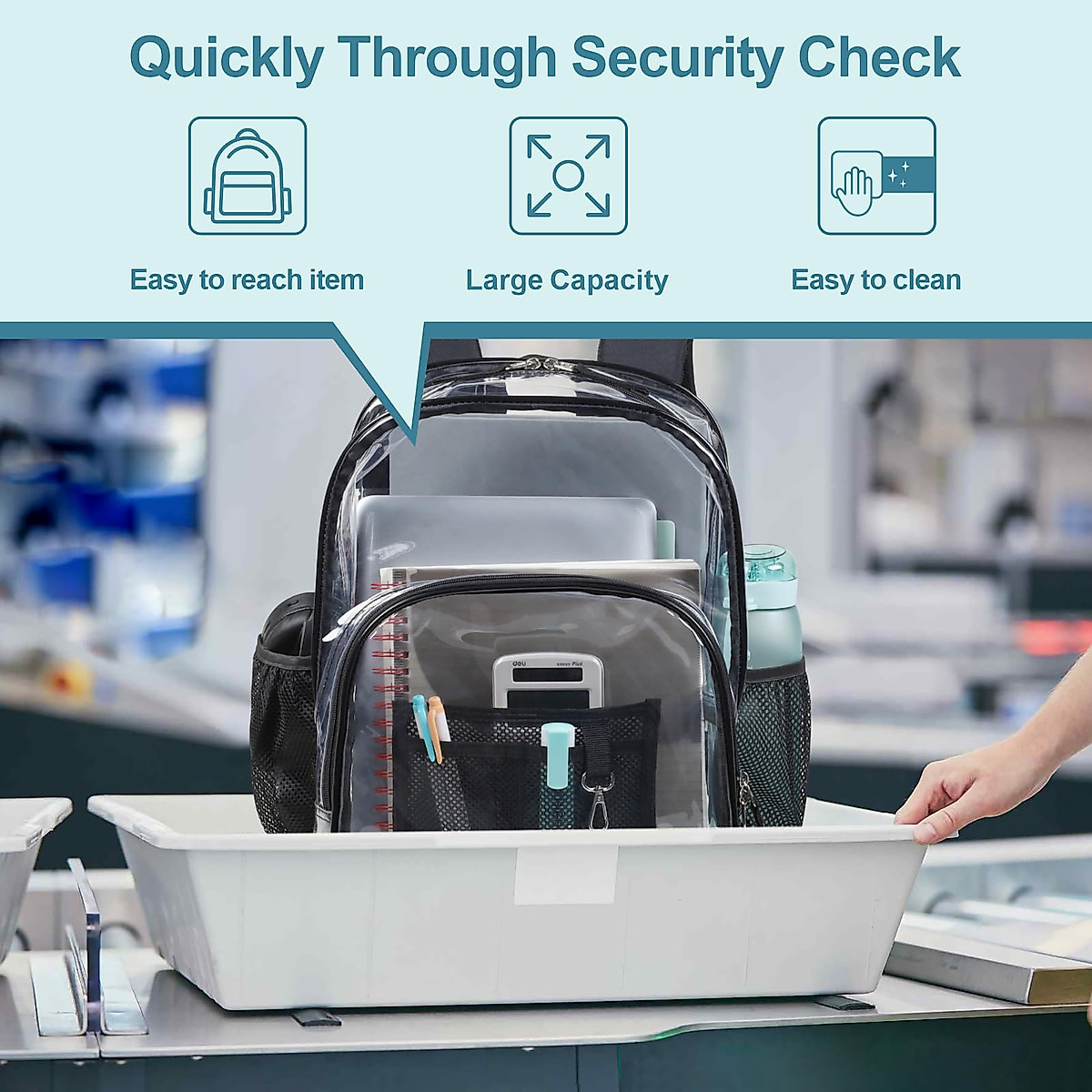 iSPECLE Clear Backpack, Durable School Backpack with Laptop Compartment Clear Backpack with Reinforced Padded Straps Transparent Bag for School, Work, Security, Black