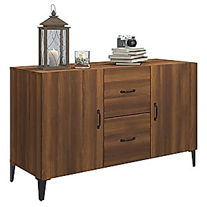 loibinfen Sideboard Buffet Server Storage Cabinet with Drawers and Doors, Console Table Home Kitchen Sideboard with Metal Legs, Dining Room Furniture Cupboard, Brown Oak 39.4"x14.2"x23.6" -AA