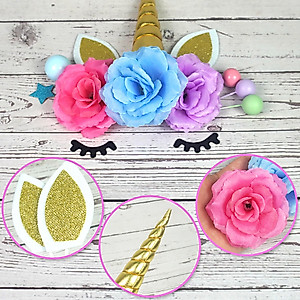 38 PCS Unicorn Cake Topper, Unicorn Flower Cake Decorations with Flowers Balls Stars Unicorn Happy Birthday Cake Decorations for Boys Girls Kids Birthday Party Baby Shower Supplies (Flower)