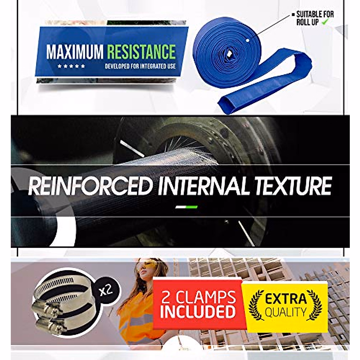 Schraiberpump 2-Inch by 100-Feet- General Purpose Reinforced PVC Lay-Flat Discharge and Backwash Hose - Heavy Duty (4 Bar) 2 CLAMPS INCLUDED (2 INCH)