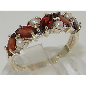 LetsBuyGold 925 Sterling Silver Real Genuine Garnet & Cultured Pearl Womens Eternity Engagement Ring - Size 6