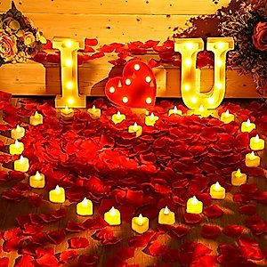 I Love You Light up Letters Sign Romantic Decorations Special Night Rose Petals Proposal Decorations LED Heart Night Lights 24 LED Love Candles Romantic Night Light for Proposal Engagement Wedding