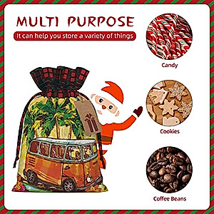 Allgobee Christmas Drawstring Gift Bags Vintage-Bus-Surfboard-Flower Buffalo Plaid Drawstring Bag Party Favors Bags