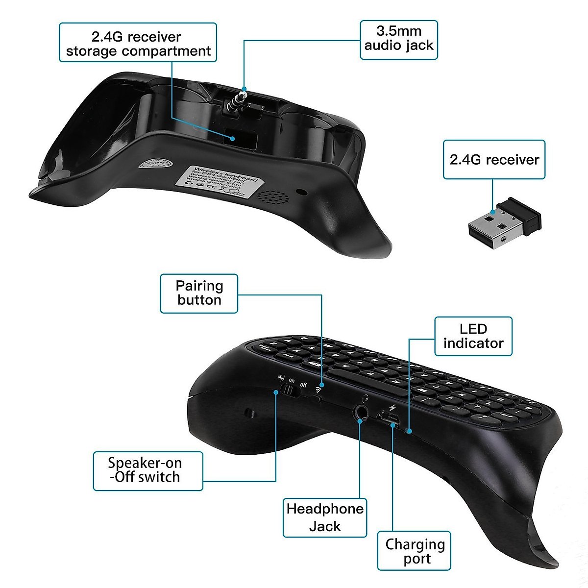 PS4 Controller Keyboard, 2.4G Wireless Rechargeable Online Gaming Live Chat Message Chatpad Keypad with 3.5mm Audio Aux-in Headset for Sony PlayStation 4, PS4 Slim, PS4 Pro (Controller Not Included)
