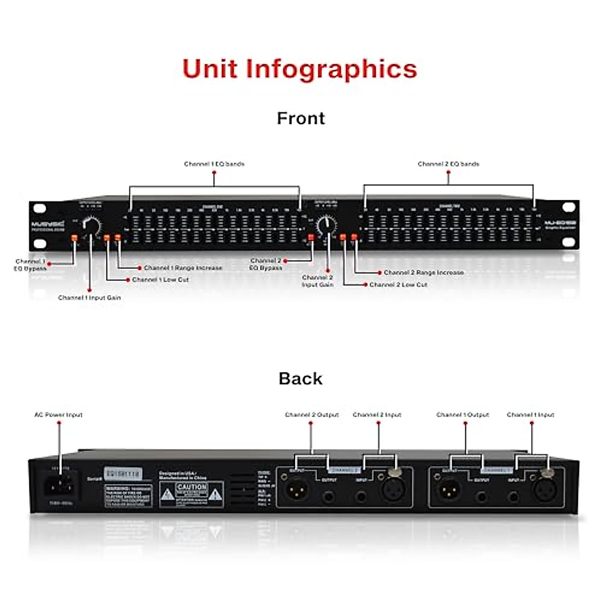 MUSYSIC MU-EQ15B Professional Dual 15-Band Stereo Graphic Digital Equalizer Crystal Clear Sound Quality, Versatile Connectivity Equalizer Home Audio Includes 1-Year Warranty