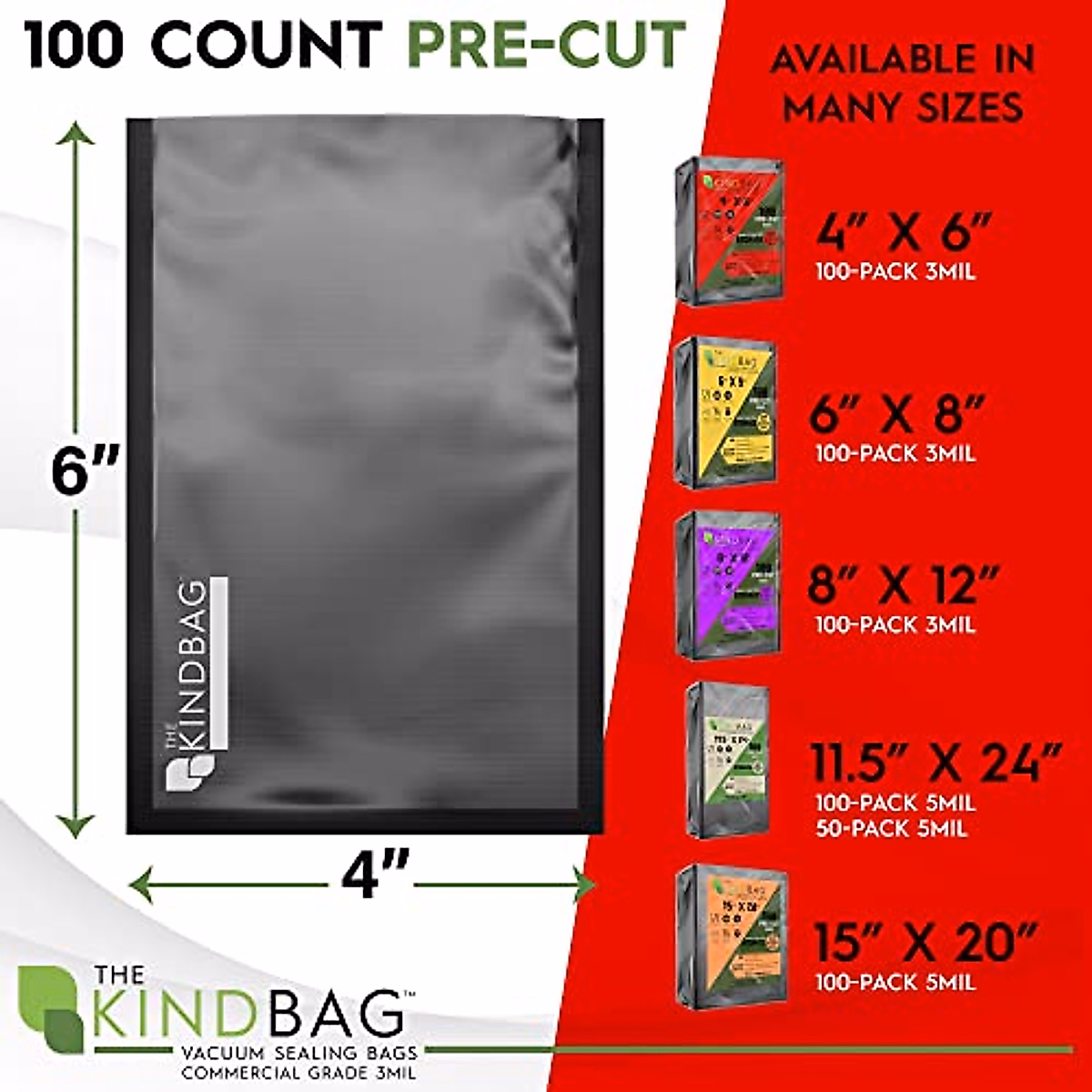 The Kind Bag Vacuum Seal Bags for Food; Food Grade, BPA Free & Freezer Safe; Airtight, Odor Free and Moisture Free; Commercial Grade 3mil Clear & Black; 4x6 inch Pre Cut Bags (100ct)